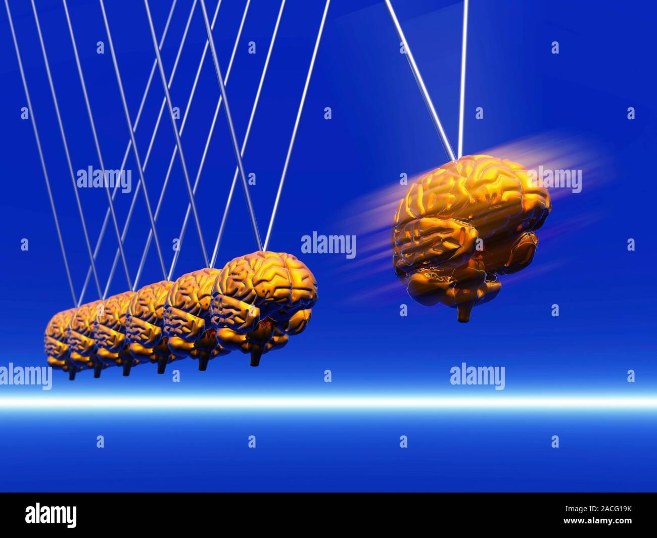 Newton's cradle. Computer artwork of a swinging Newton's cradle where ...