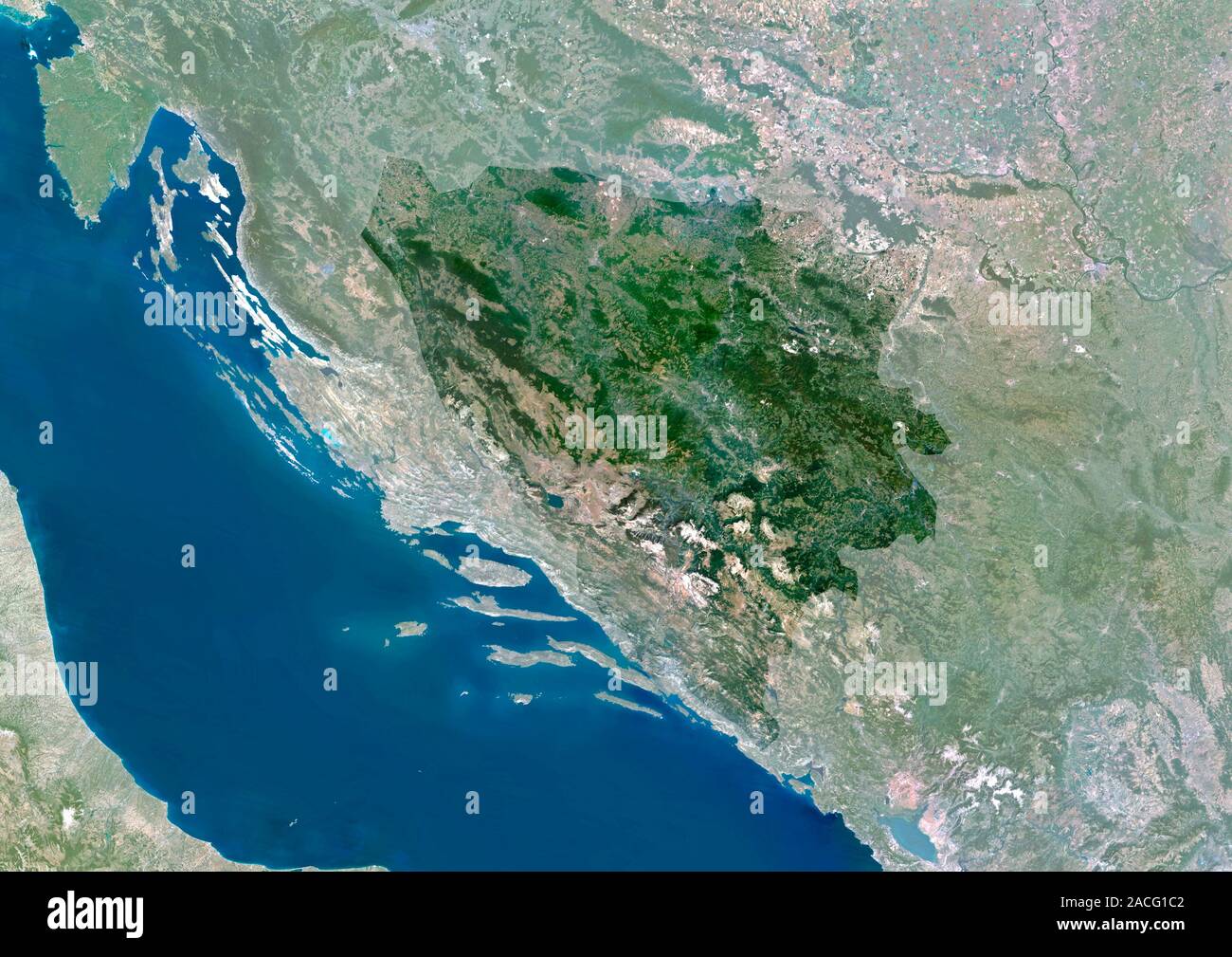 Bosnia and Herzegovina, satellite image. North is at top. Water is blue ...