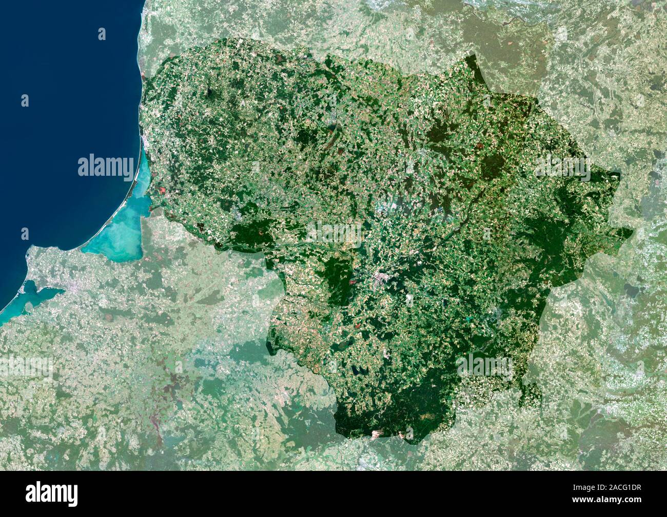 Lithuania, satellite image. North is at top. Water is blue, vegetation ...