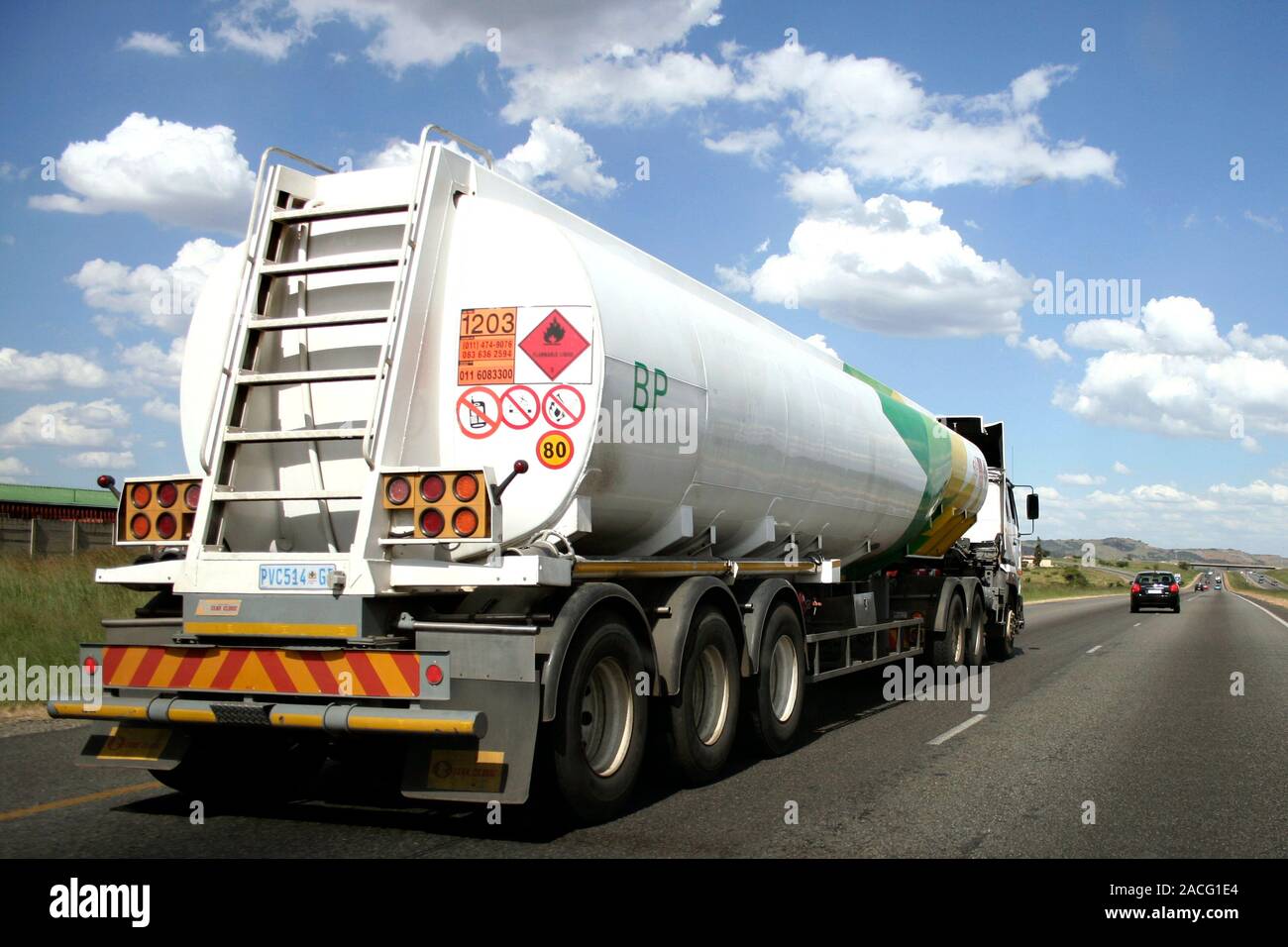 Petrol tanker on a dual carriageway. This tanker is operated by the ...