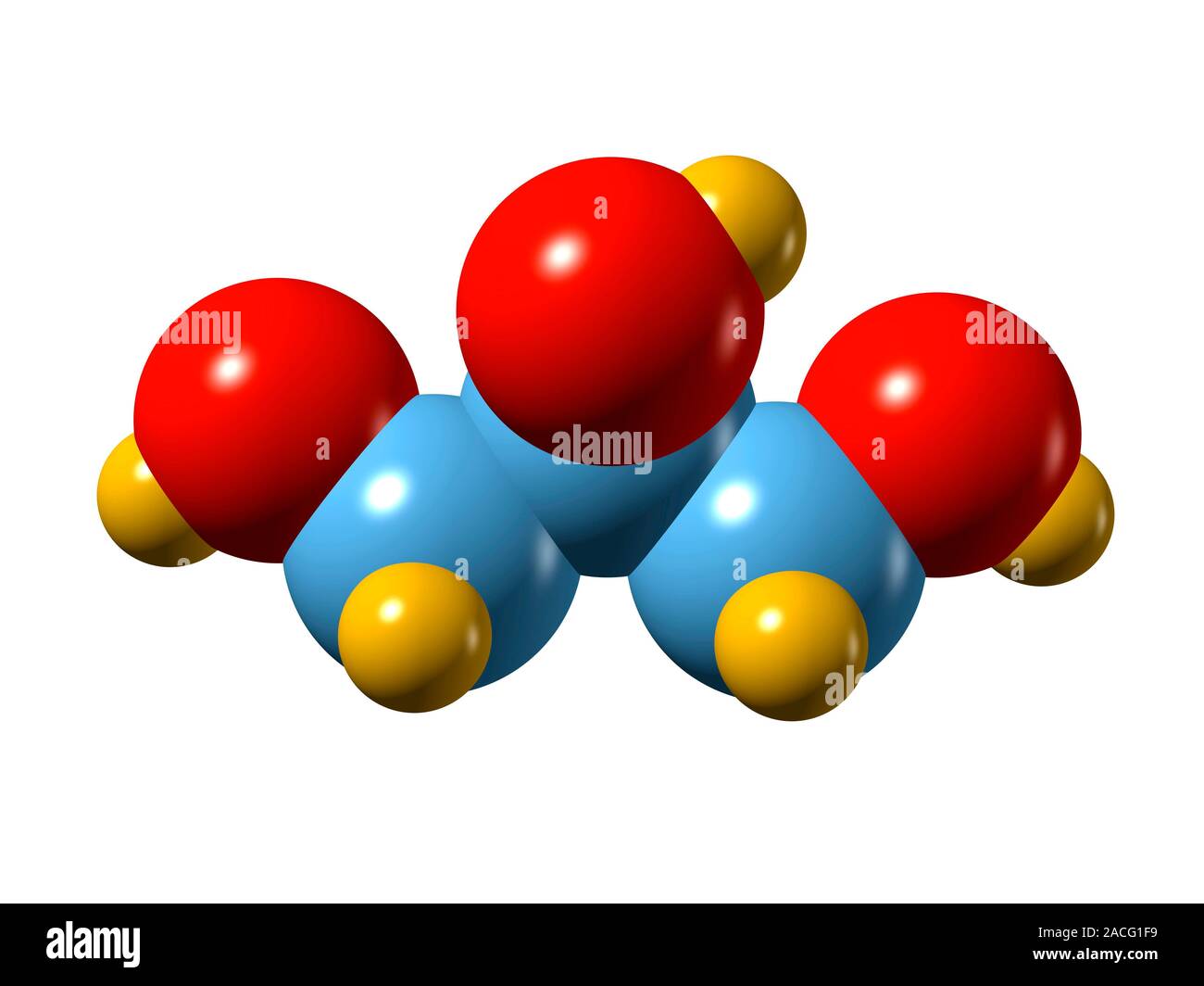 Glycerine, molecular model. Glycerine, also known as glycerol, is a ...