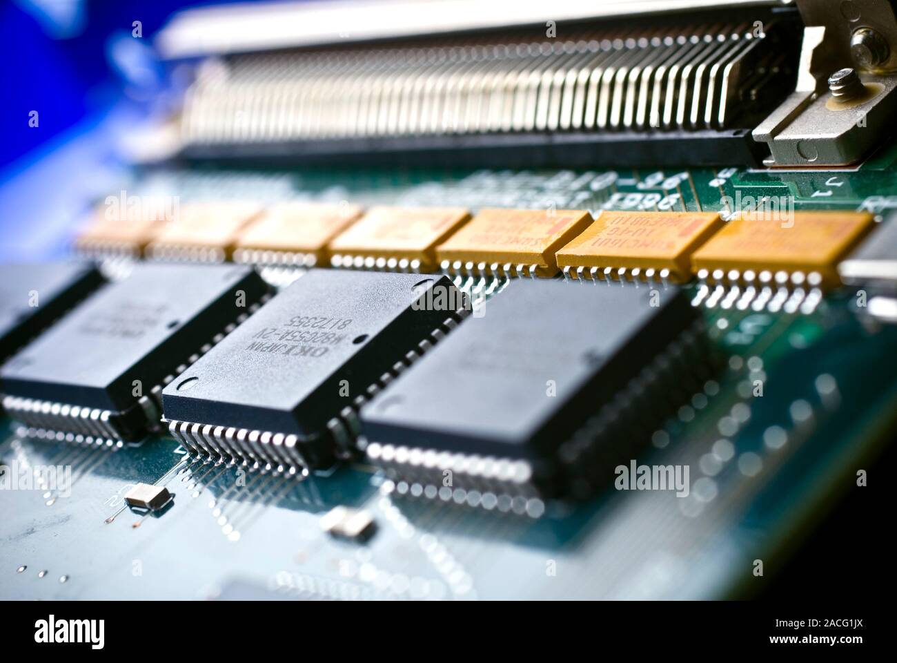 Printed circuit board components. Electronic components soldered into a ...