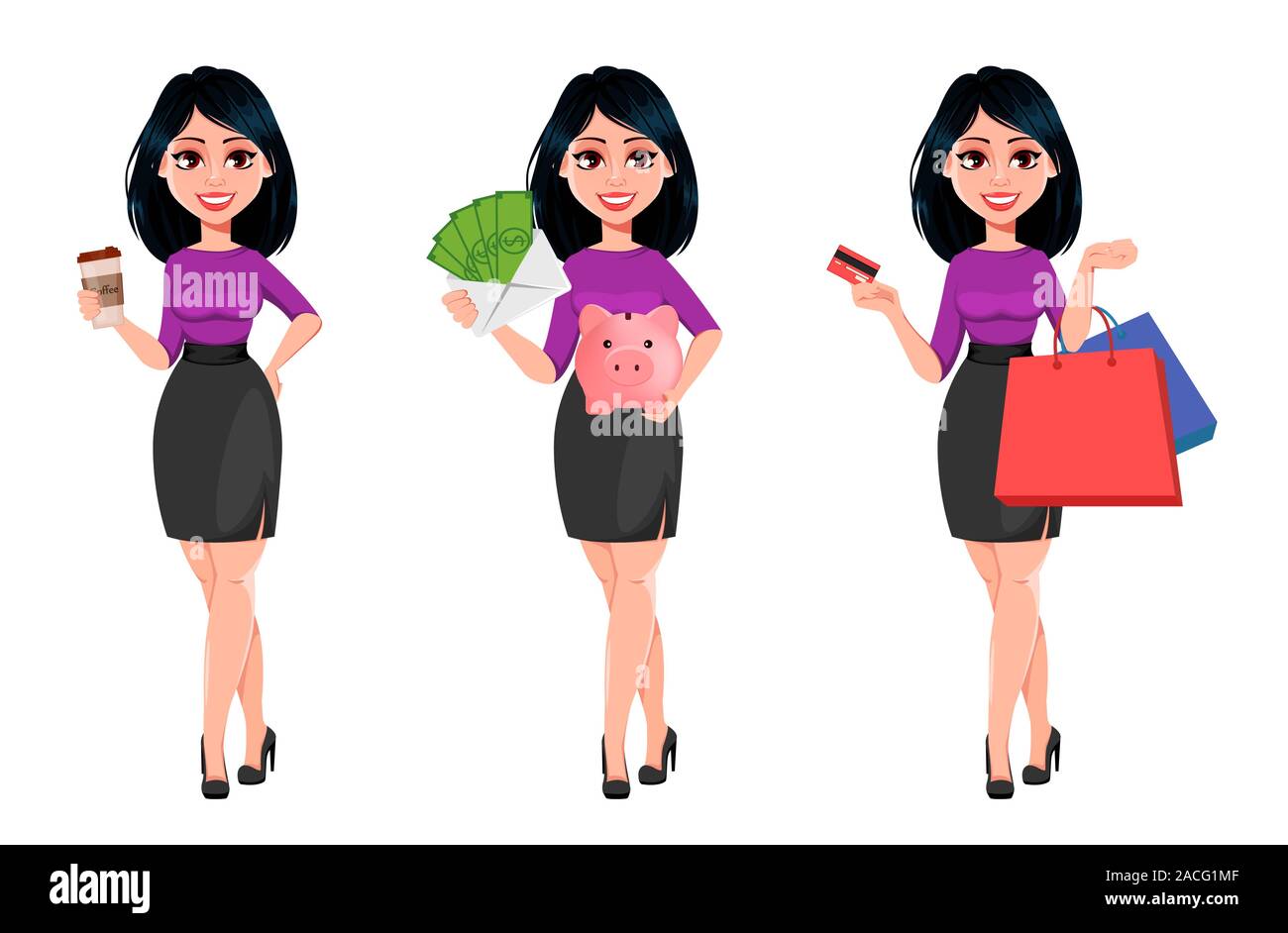 Young beautiful business woman with dark hair, set of three poses. Cute ...