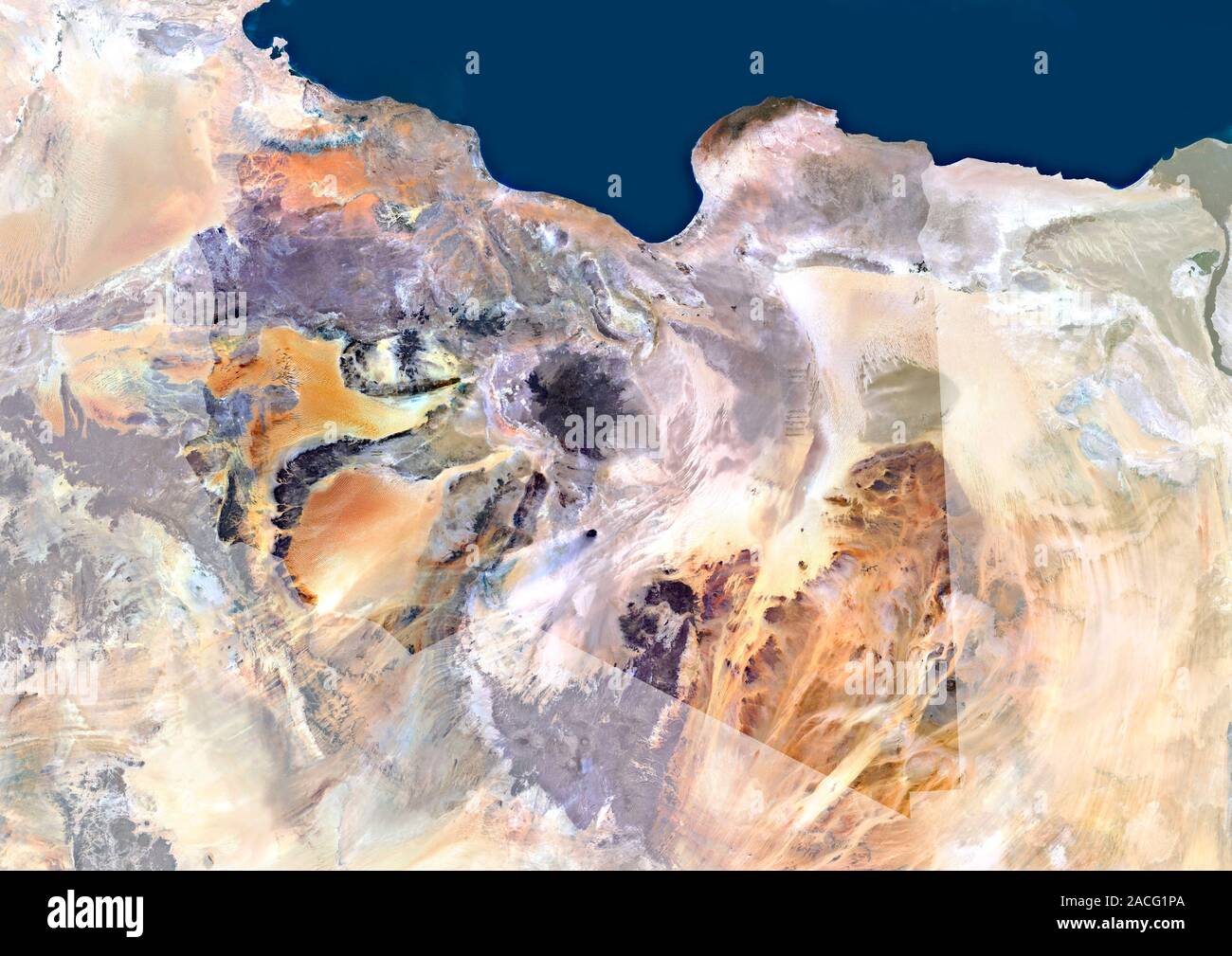 Libya, satellite image. North is at top. Water is blue, vegetation is ...