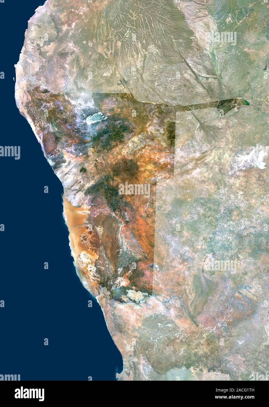 Namibia, satellite image. North is at top. Water is blue, vegetation is ...