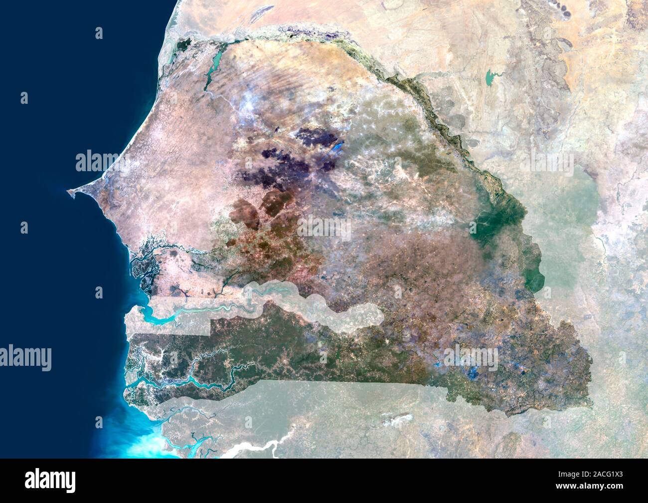 Senegal, satellite image. North is at top. Water is blue, vegetation is ...