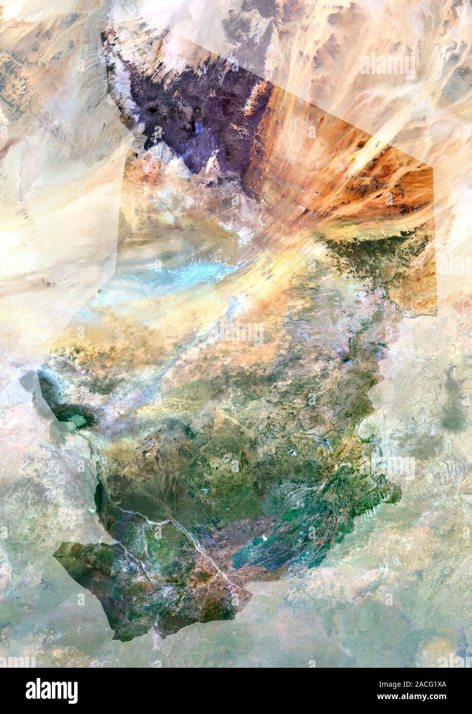 Chad, satellite image. North is at top. Water is blue, vegetation is ...