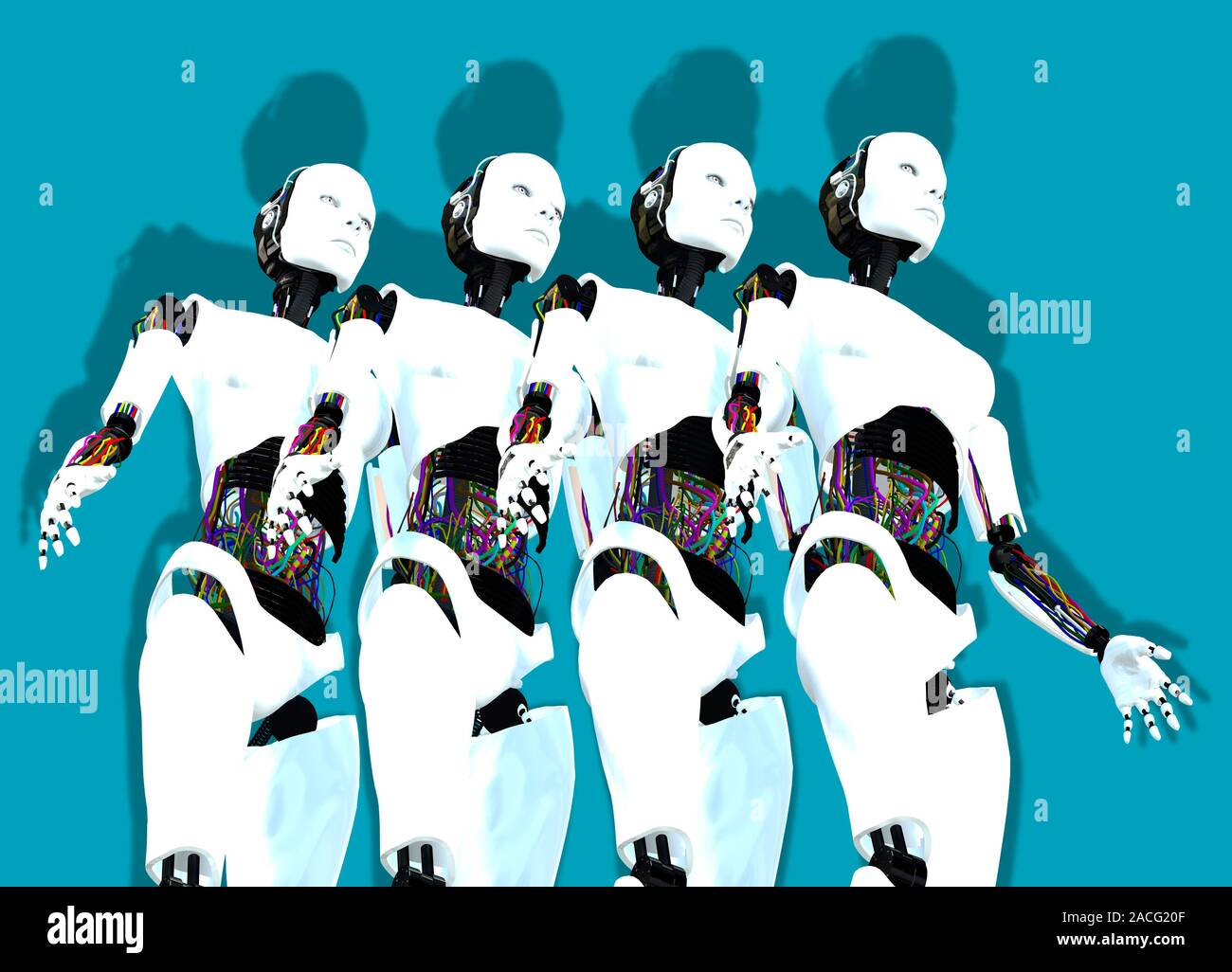 Humanoid robots, computer artwork. Computer artwork of a row of ...