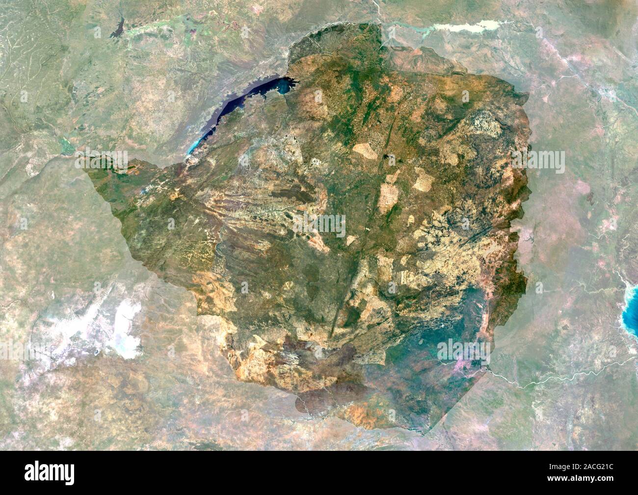 Zimbabwe, satellite image. North is at top. Water is blue, vegetation ...