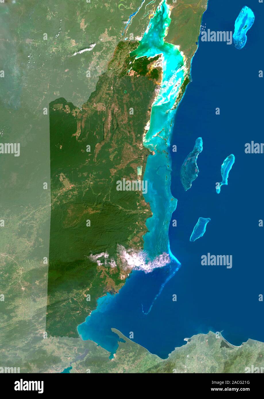 Belize, satellite image. North is at top. Water is blue, vegetation is ...