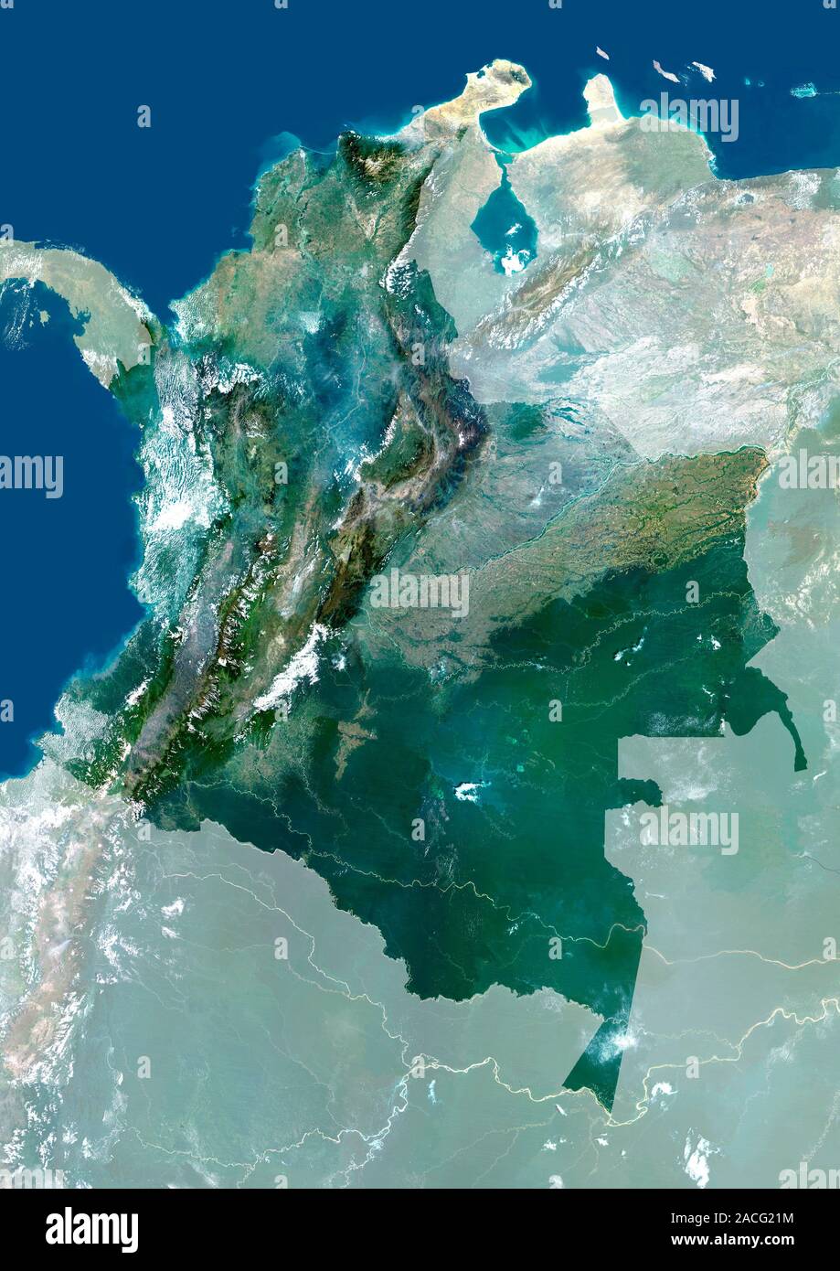 Colombia, satellite image. North is at top. Water is blue, vegetation ...