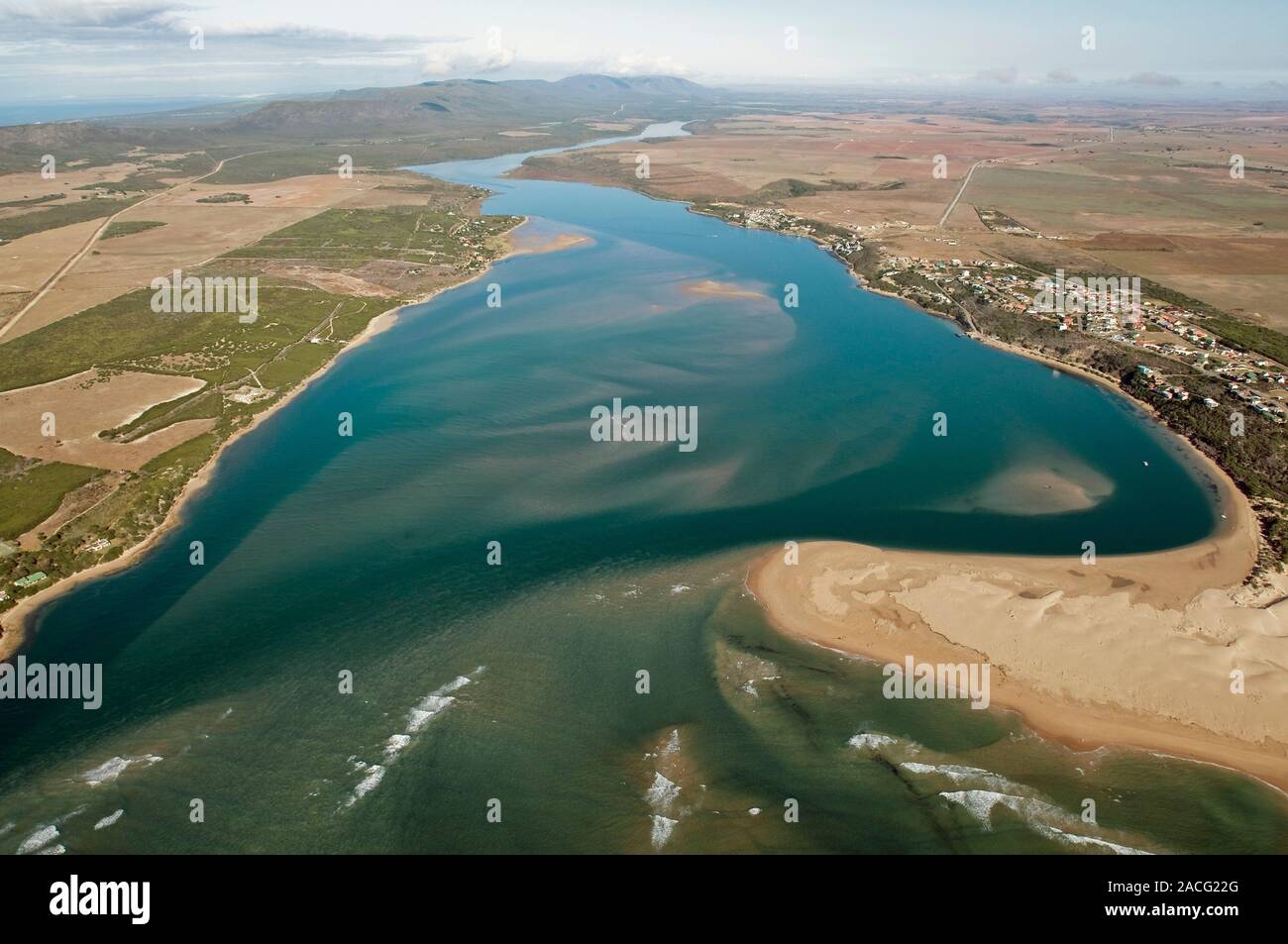 Breede estuary, aerial view. The Breede (or Bree) estuary lies west of ...