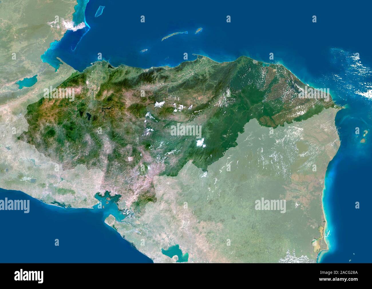 Honduras, satellite image. North is at top. Water is blue, vegetation ...