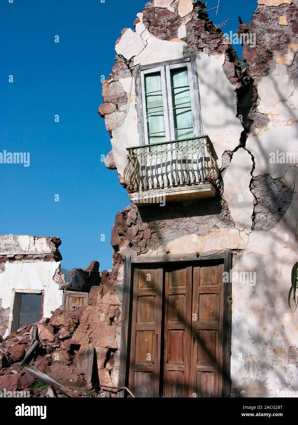 Earthquake damage. Building reduced to rubble by a powerful earthquake ...