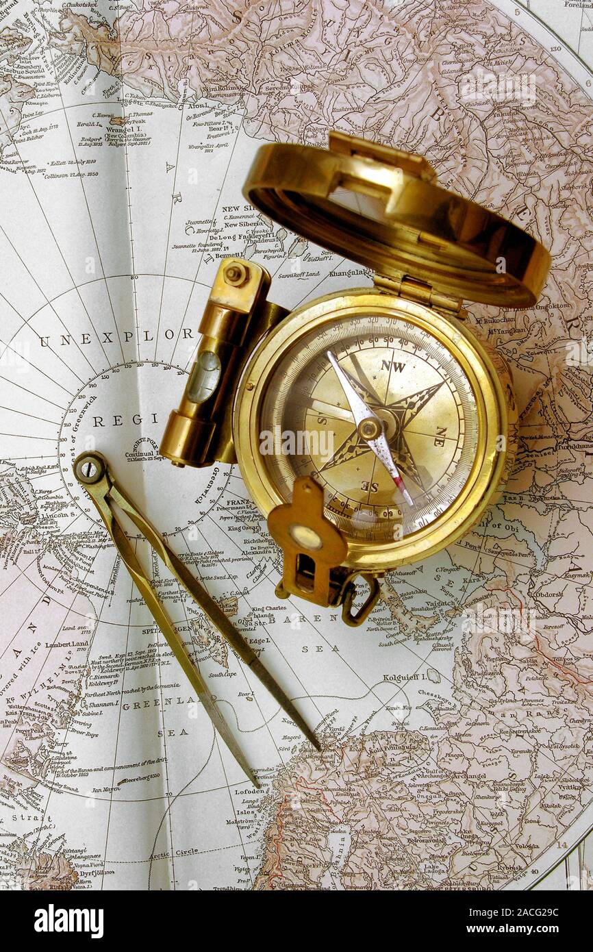Navigational compass and dividers (also called a measuring compass ...
