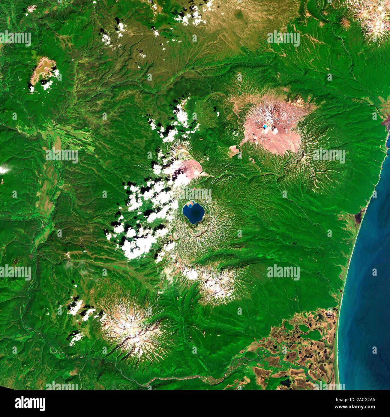 Russian volcanoes, satellite image. Satellite image showing three ...