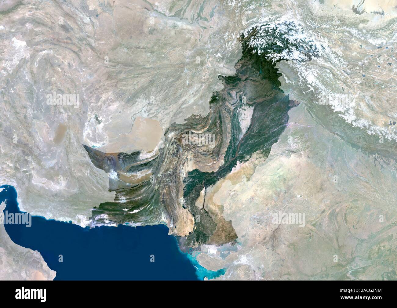 Pakistan, satellite image. North is at top. Water is blue, vegetation ...
