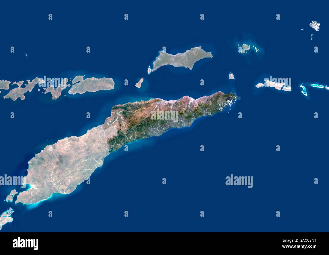 East Timor, satellite image. North is at top. Water is blue, vegetation ...
