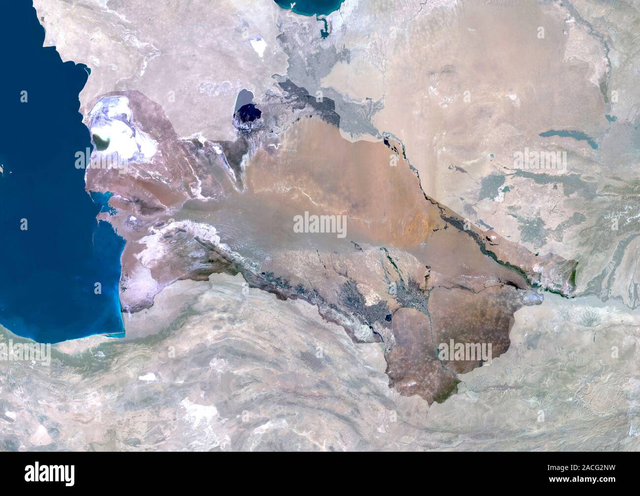 Turkmenistan, satellite image. North is at top. Water is blue ...