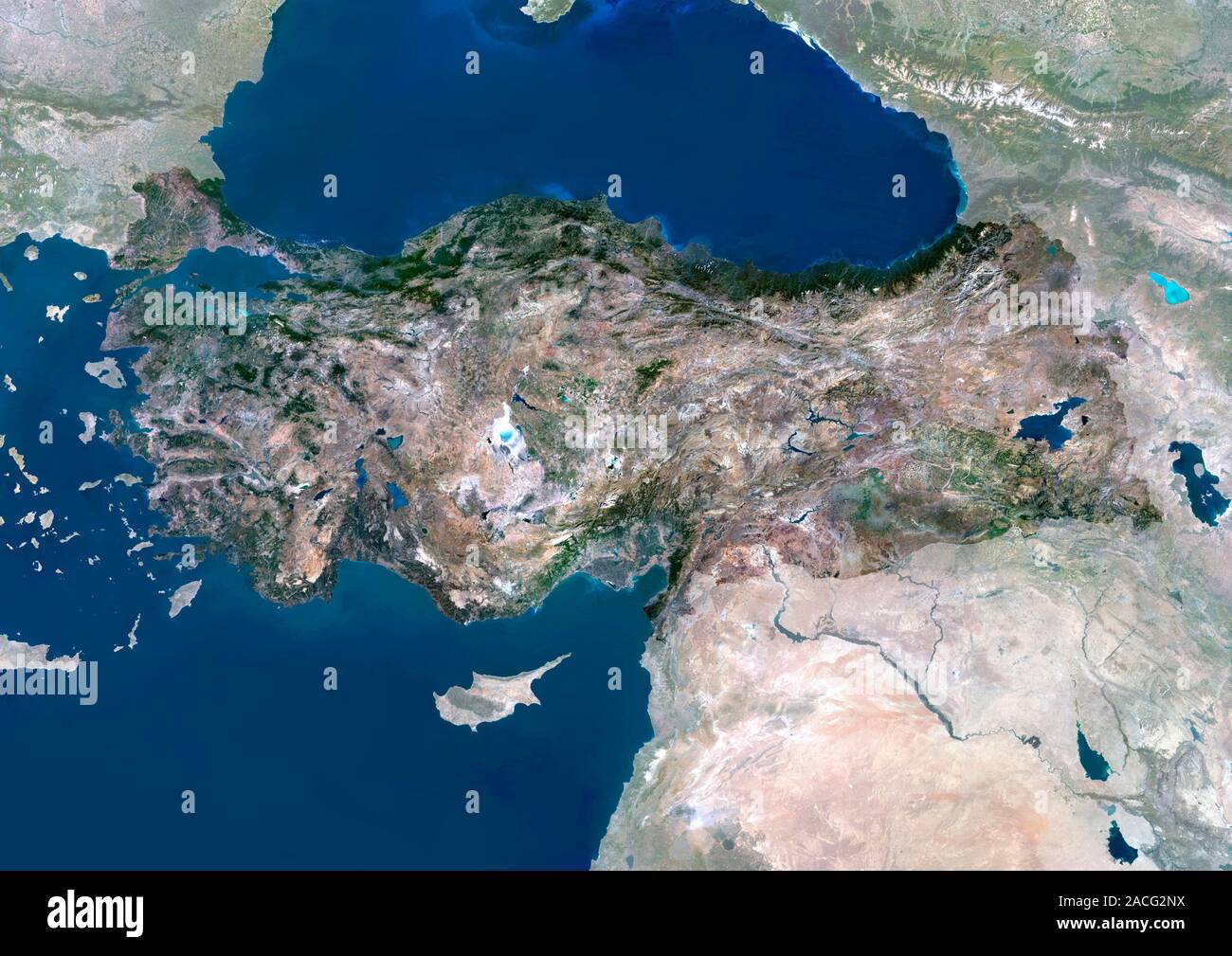 Turkey, satellite image. North is at top. Water is blue, vegetation is ...