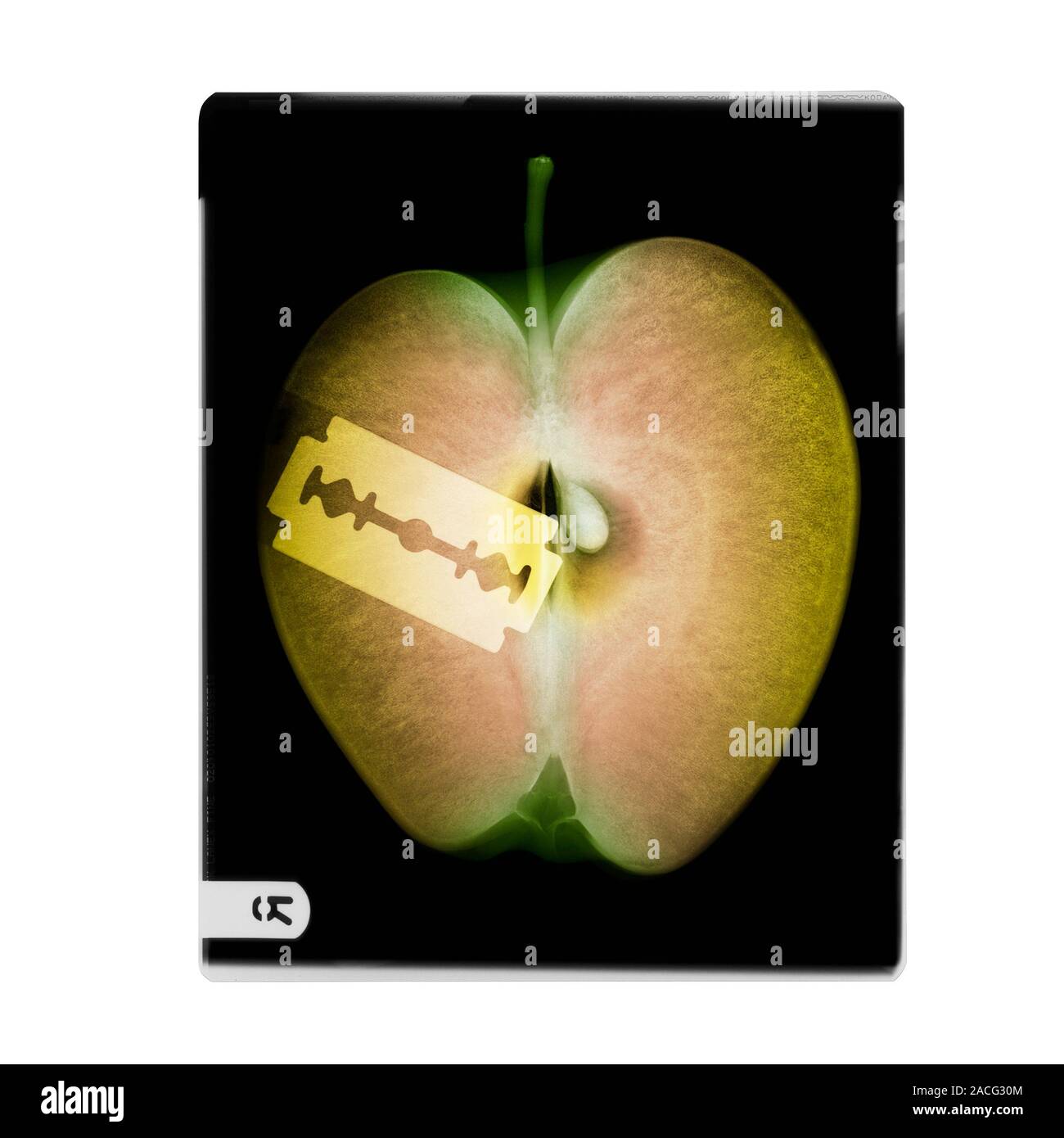 Apple and razor blade, coloured X-ray Stock Photo - Alamy