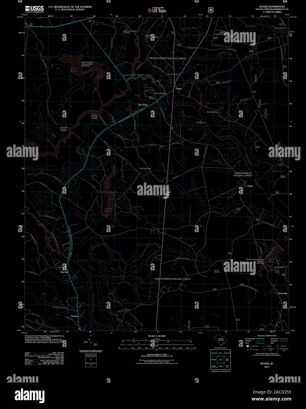 USGS TOPO Map South Carolina SC Huger 20110816 TM Inverted Restoration ...