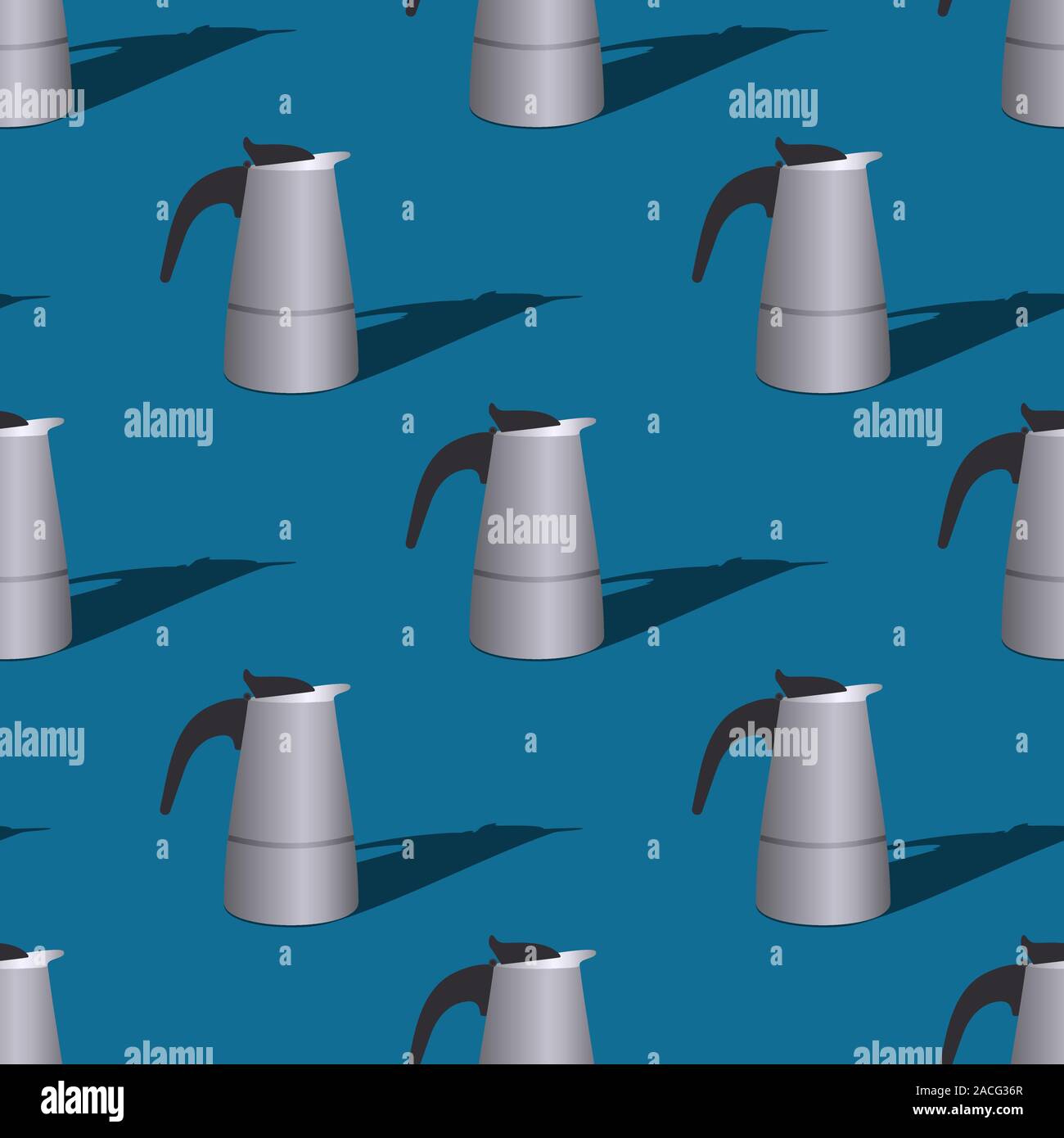 Seamless pattern with Italian geyser coffee makers on a blue background. Vector flat ...