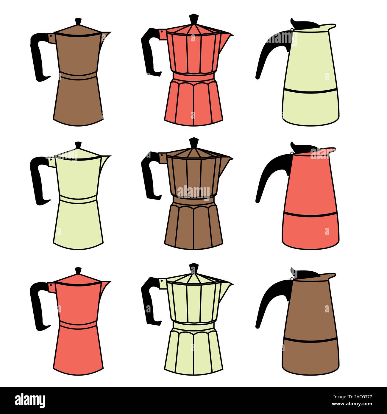 a set of nine colorful geyser Italian coffee makers in a flat line ...