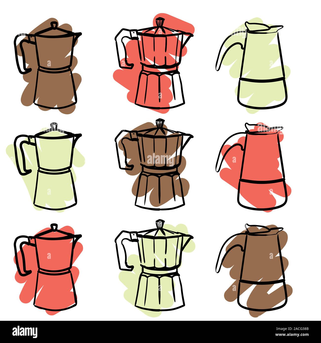 a set of nine colorful geyser Italian coffee makers in a doodle style ...