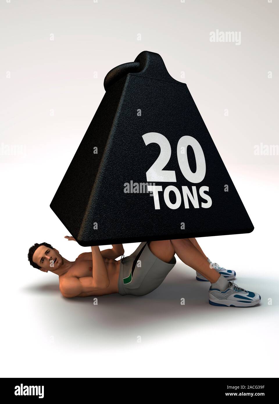 Feeling under pressure, conceptual artwork. Man struggling to lift a 20 ...