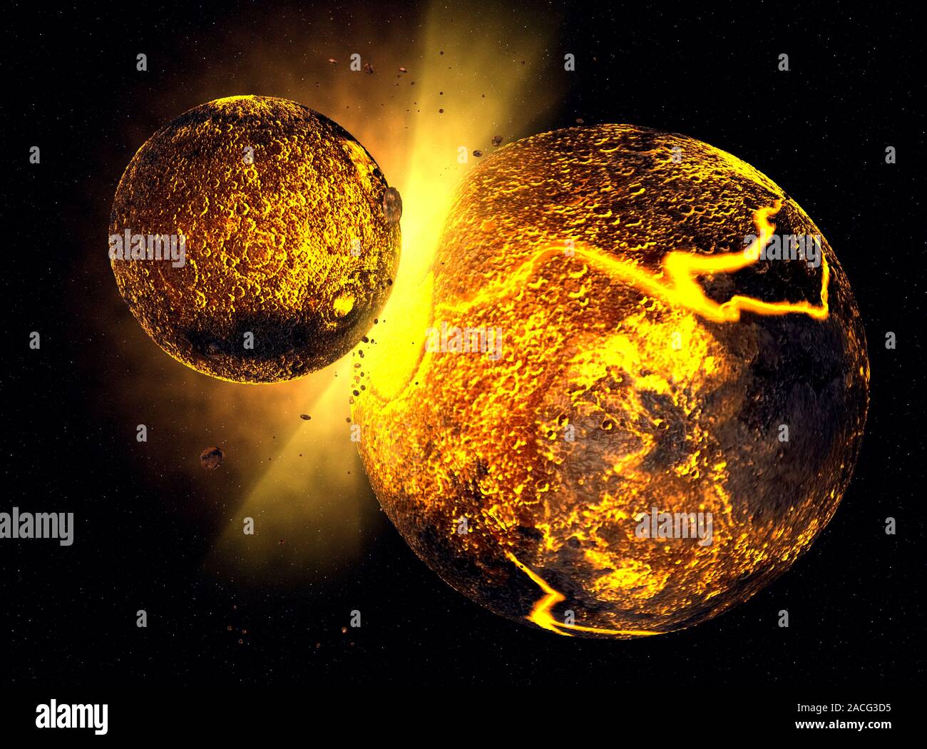Formation of the Moon. Computer artwork showing the giant impact theory ...