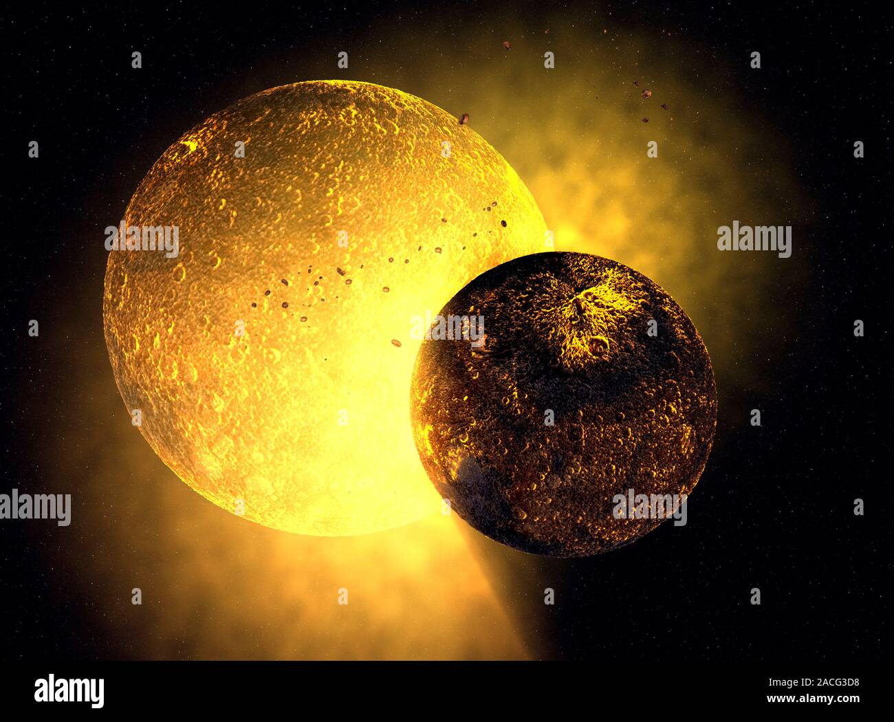 Formation of the Moon. Computer artwork showing the giant impact theory ...
