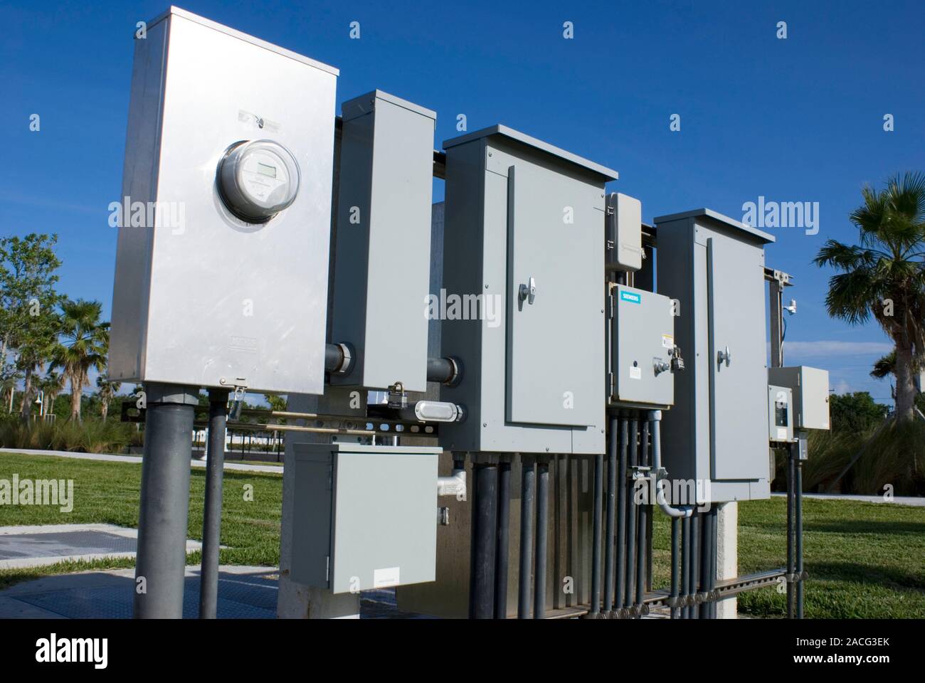 Electricity substation. High voltage electrical distribution boxes at ...