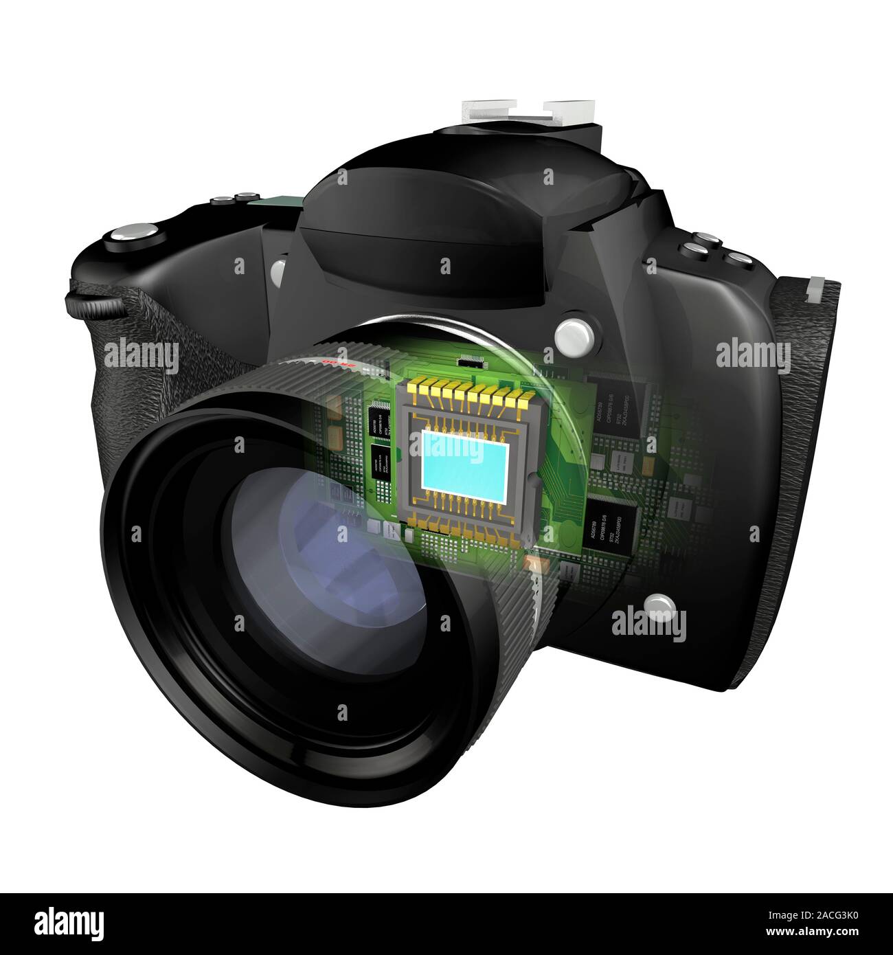 Digital camera and CCD chip, artwork. Computer artwork of a digital SLR ...