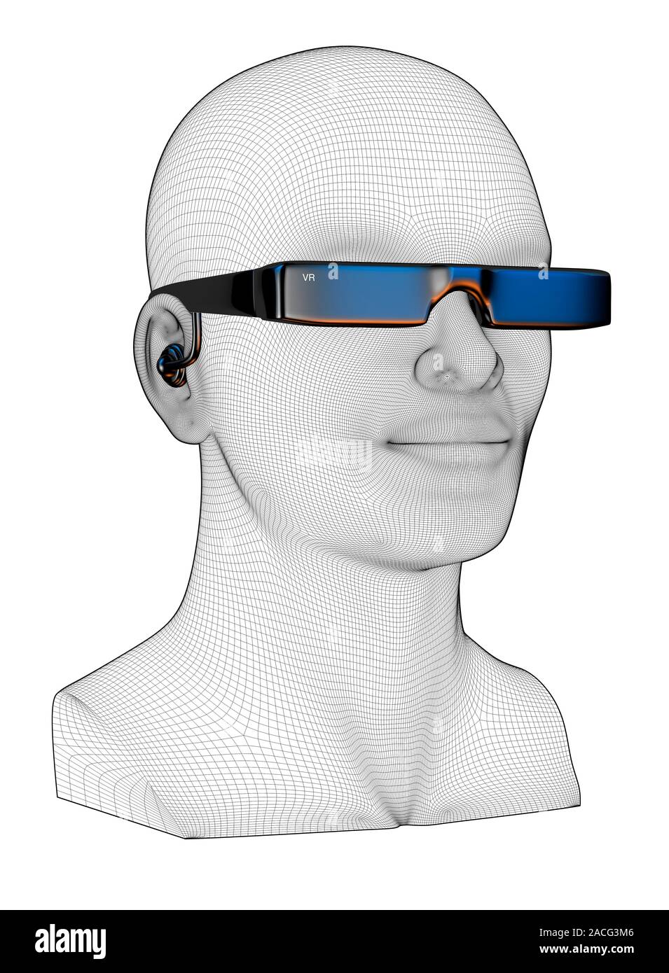 Virtual reality headset with an audio component (left), computer ...