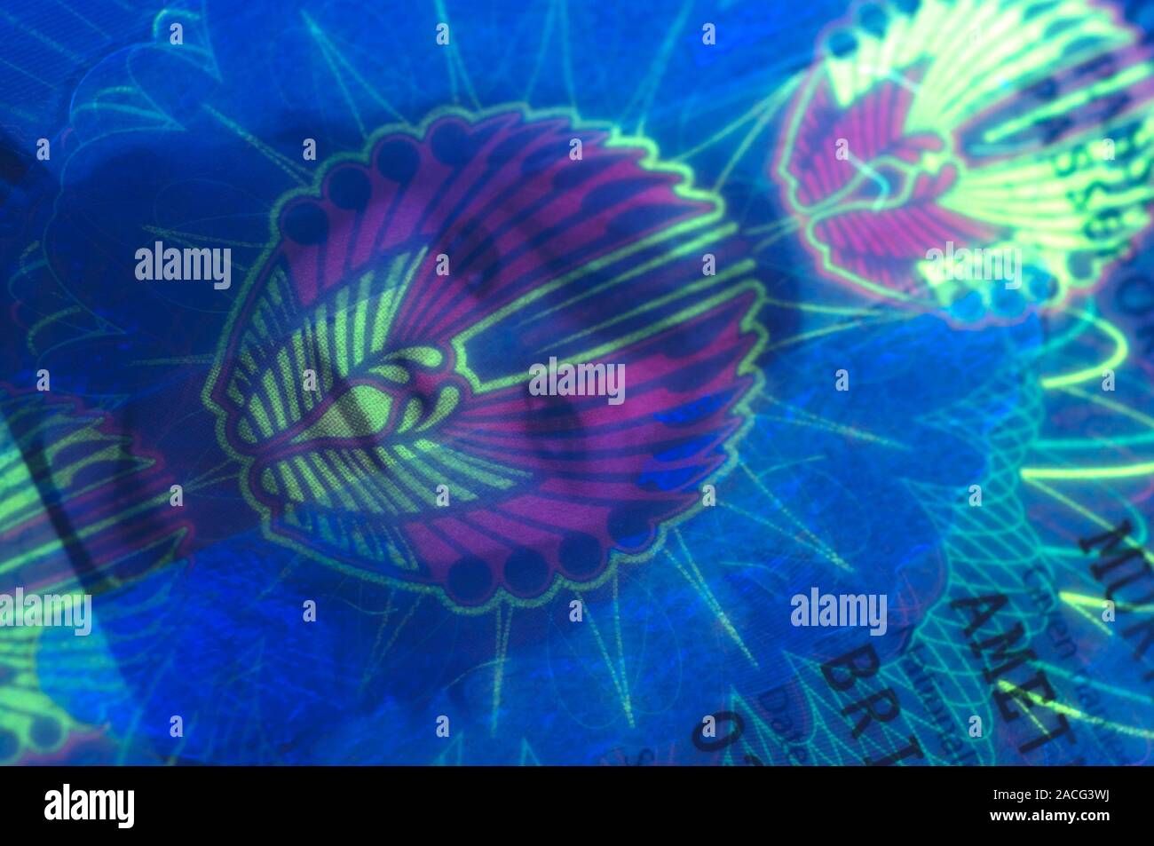 United Kingdom passport under ultraviolet (UV) light.Close up of ...