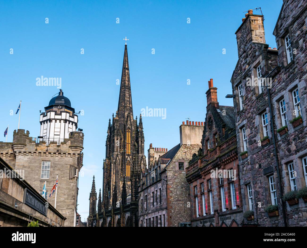 Camera Obscura tower, The Hub spire and old buildings, Royal Mile ...