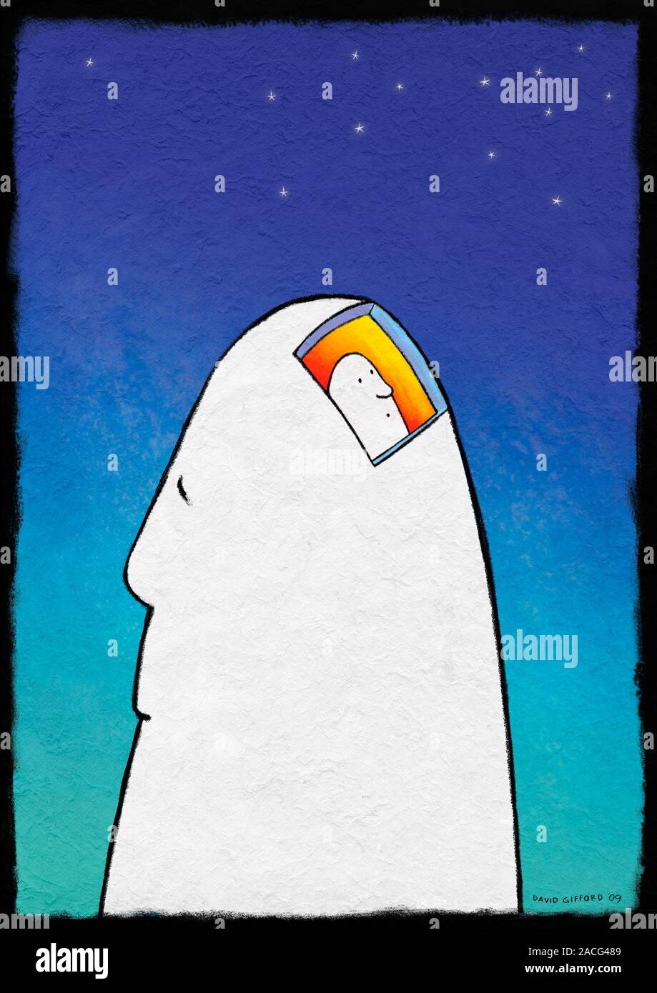 Imagination, conceptual artwork. Drawing of a man's head with a small ...