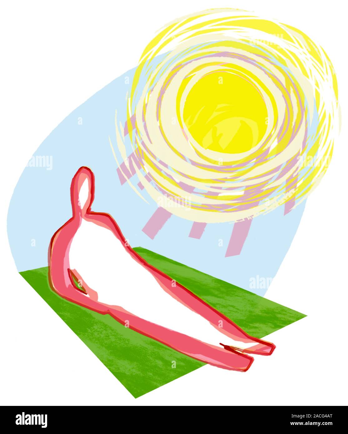 Sunburn, conceptual artwork. Human figure bathing in rays of light from ...