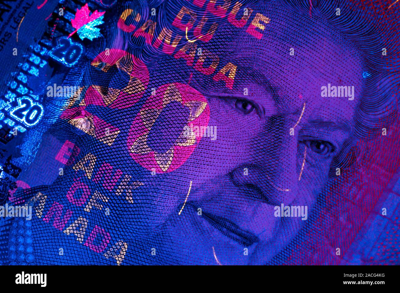 Canadian banknote in UV light, close up. The design on this twenty ...