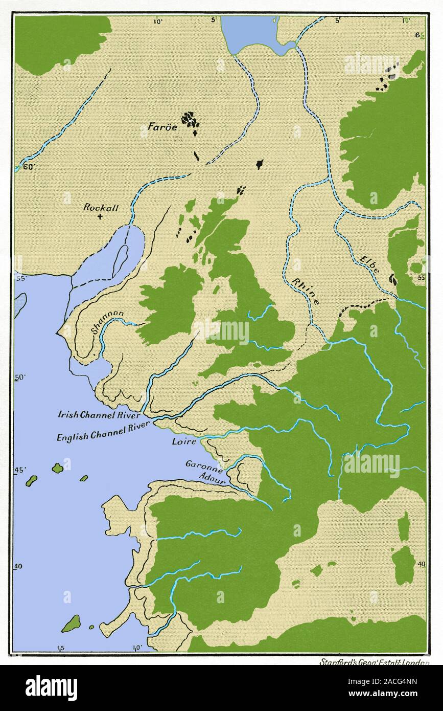 Prehistoric sea level map. Published in 1913, this map shows changes in ...