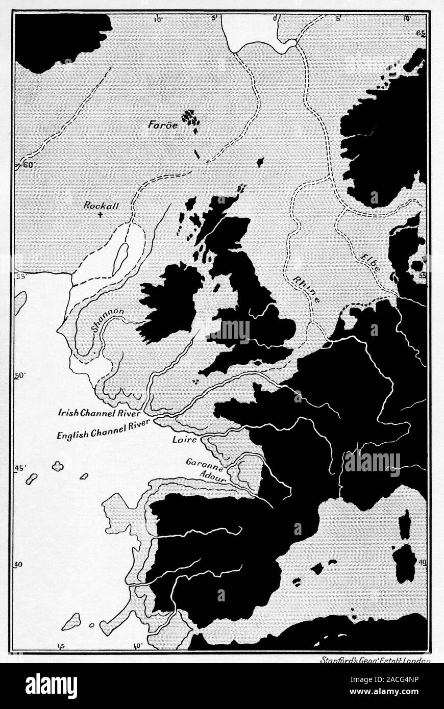 Prehistoric sea level map. Published in 1913, this map shows changes in ...