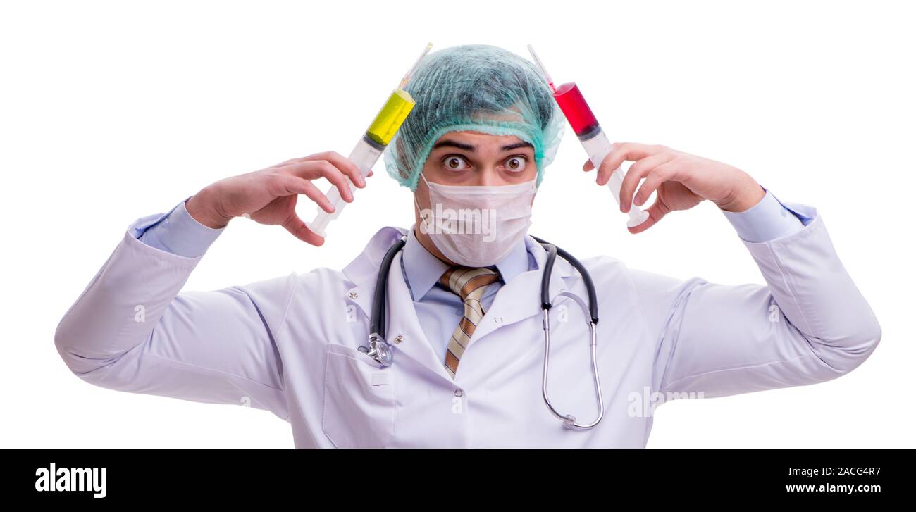 The funny doctor with syringe isolated on white Stock Photo - Alamy