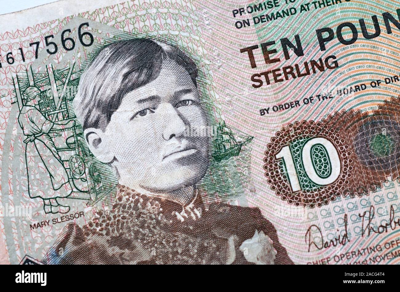 Ten pound Scottish banknote, close up. The design on this Clydesdale ...