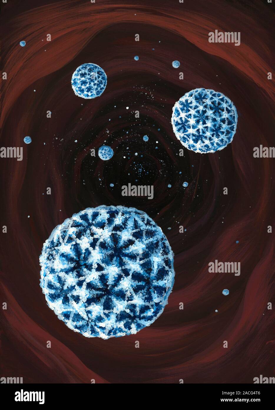 Norovirus particles in the gut, artwork. Norovirus is a genus of RNA ...