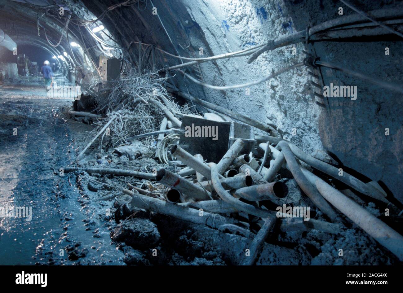 Metro train tunnel construction. Waste on a tunnel floor during ...