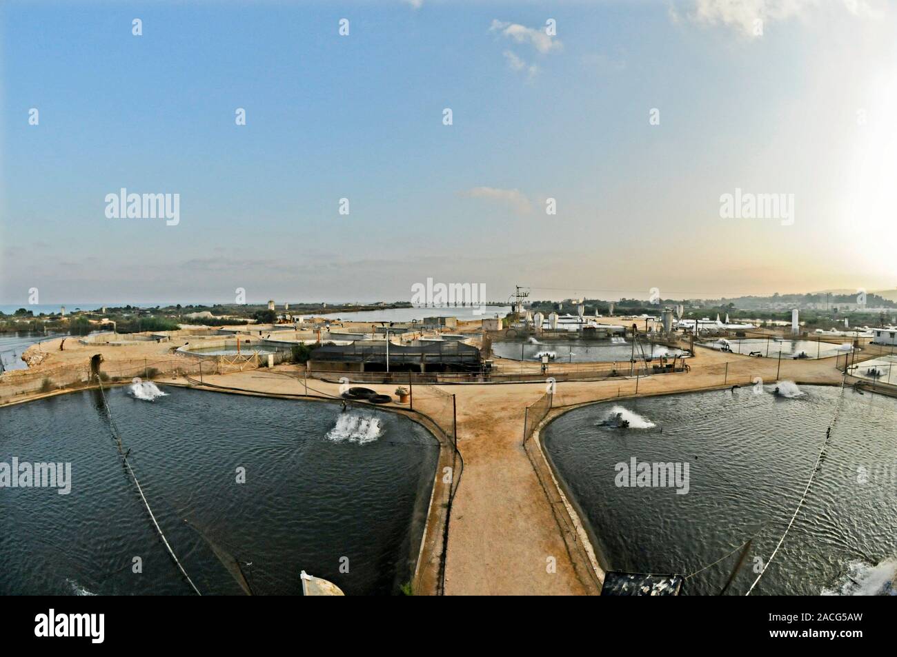 Fishery. View over a fish farm showing the outdoor intensive growth ...