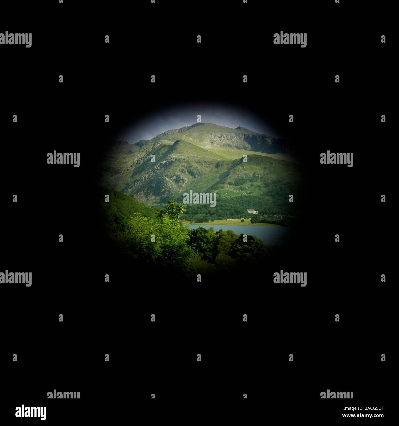 Tunnel vision. Patient's-eye view of mountainous countryside, in a ...
