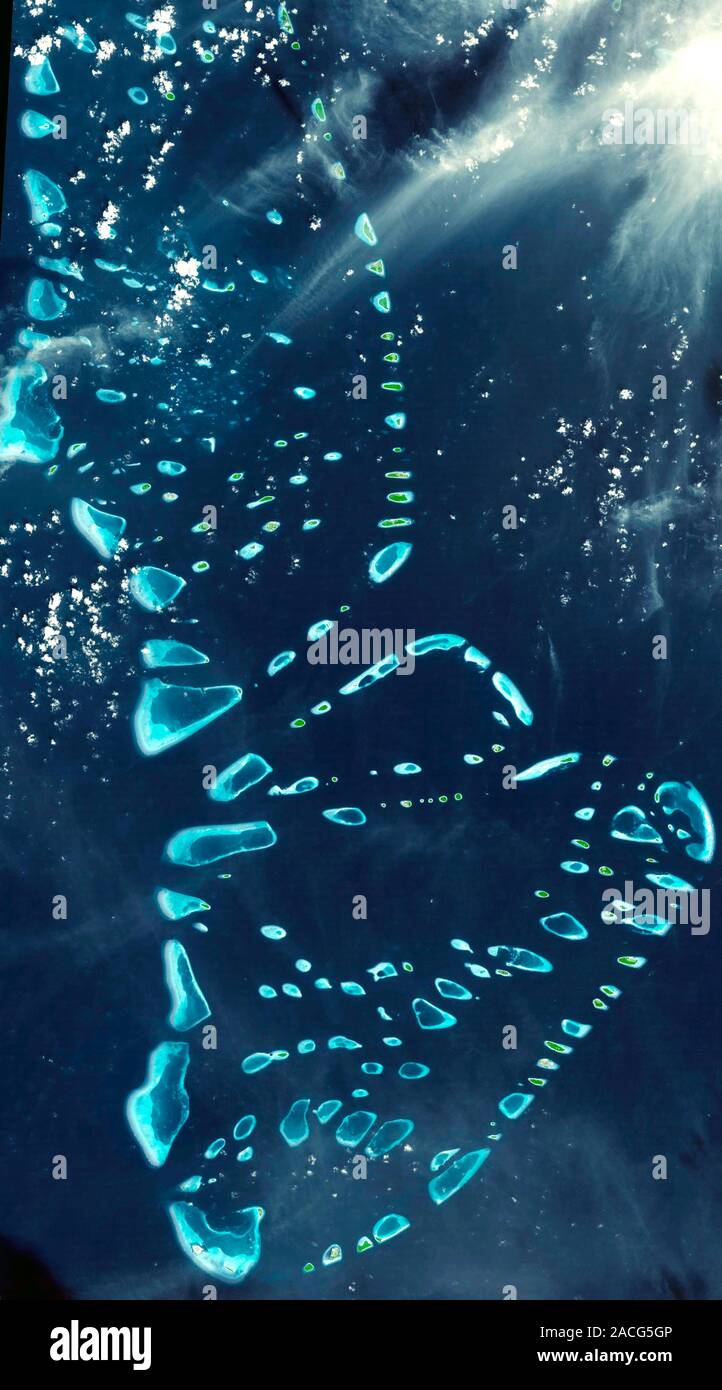 The Maldives. Satellite image showing two groups of islands in the ...