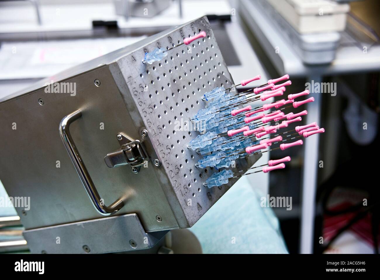 Prostate cancer radiotherapy equipment. Lead-lined box being used to ...